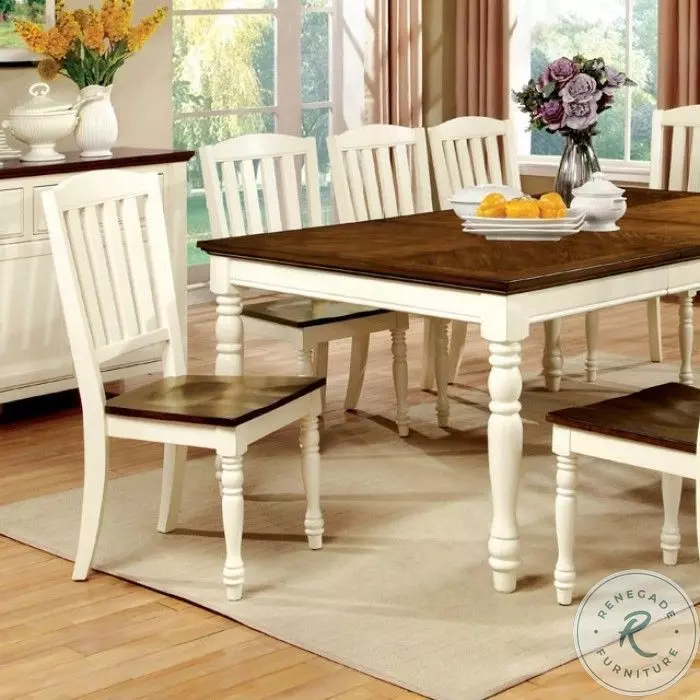 Dark wood dining table with white chairs store